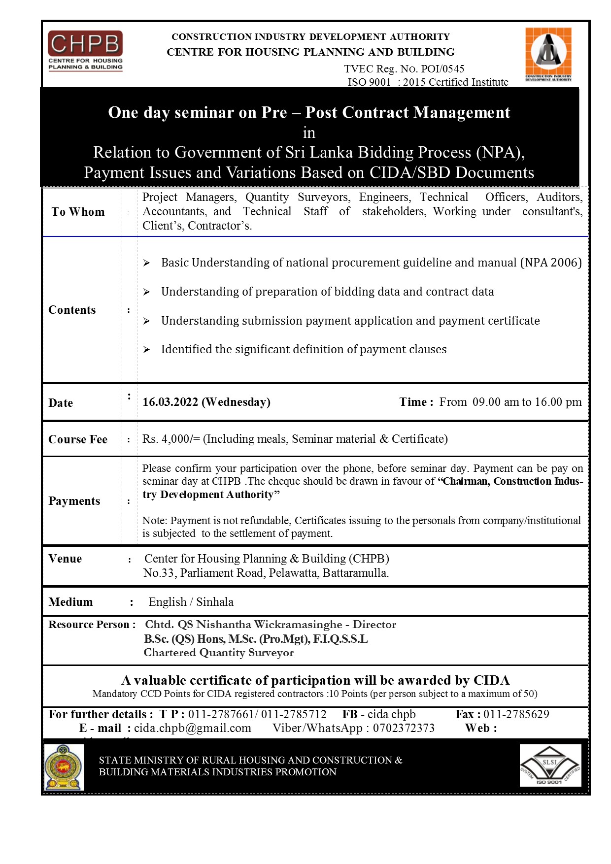 CCD Program : Construction Industry Development Authority