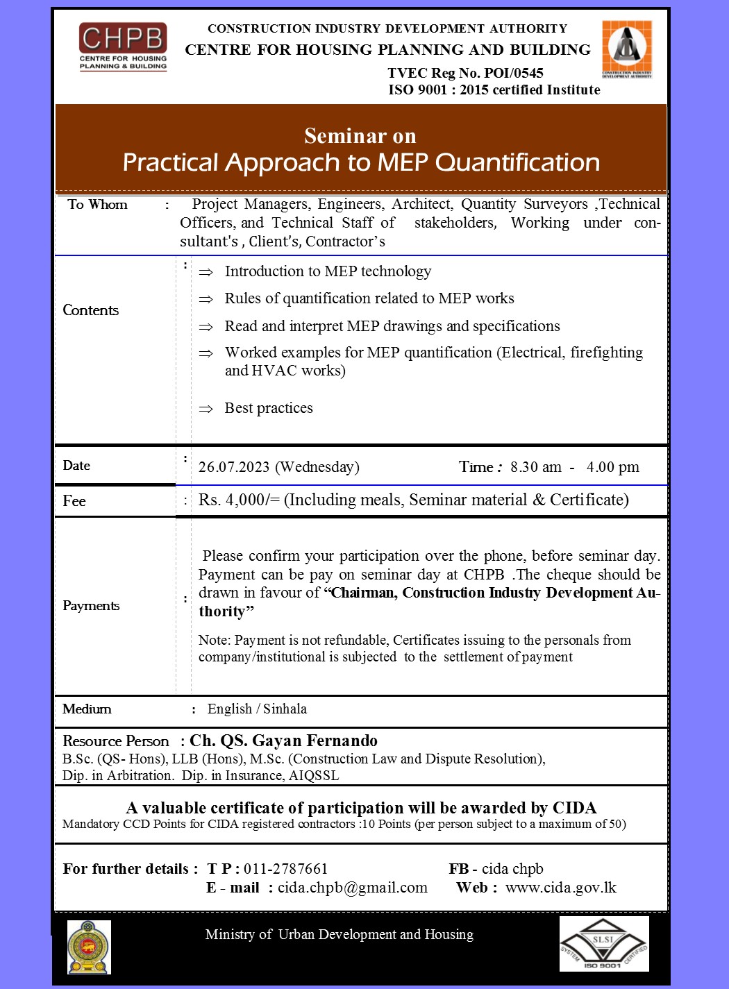 CCD Program : Construction Industry Development Authority